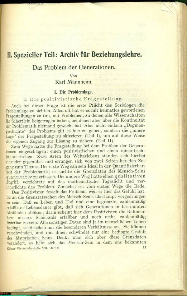 Karl Mannheim, ''Das Problem der Generationen'' – 1000 Schlüsseldokumente